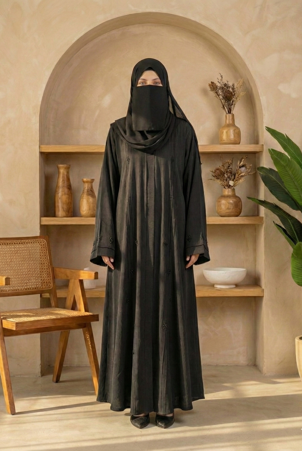 Ruba || Mid-Night Black Abaya || Crinkle Nida Fabric – Noor-ul-Hijab